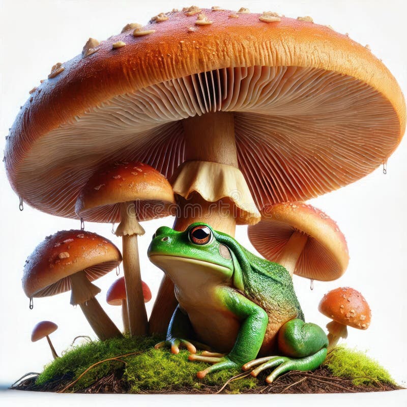 A Frog Under Huge Mushrooms on Moss. Stock Photo - Image of natural ...