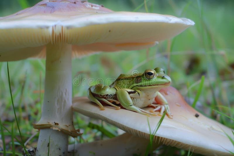 Frog Under a Mushroom Cap, Simulating an Umbrella Stock Image - Image ...