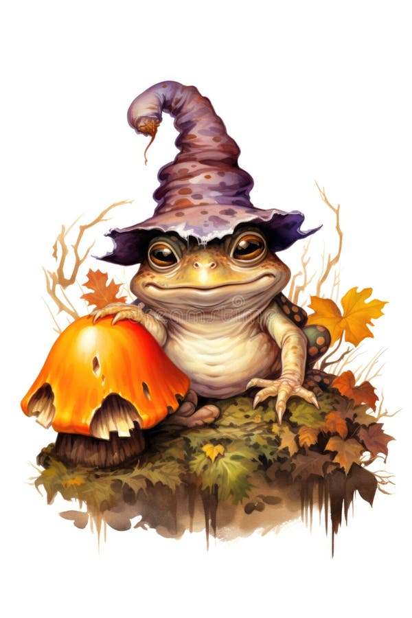 A Frog Wearing a Witch Hat and Holding a Pumpkin. Generative AI Image ...