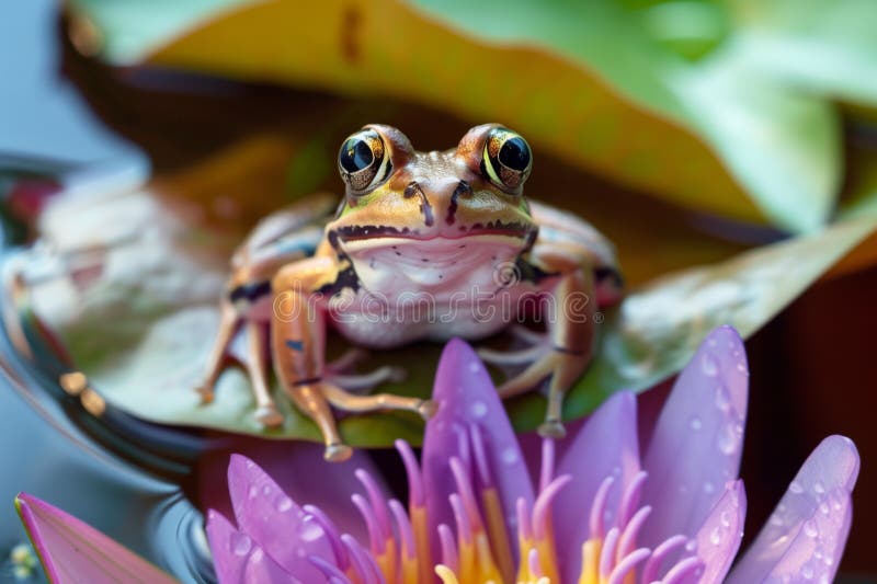 Frog with Wide Eyes on a Lotus Leaf in a Pond Stock Photo - Image of ...