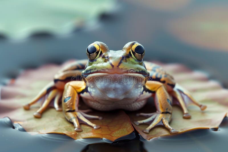 Frog with Wide Eyes on a Lotus Leaf in a Pond Stock Image - Image of ...