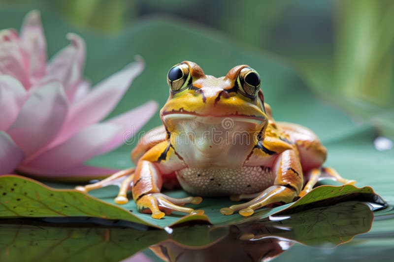 Frog with Wide Eyes on a Lotus Leaf in a Pond Stock Photo - Image of ...