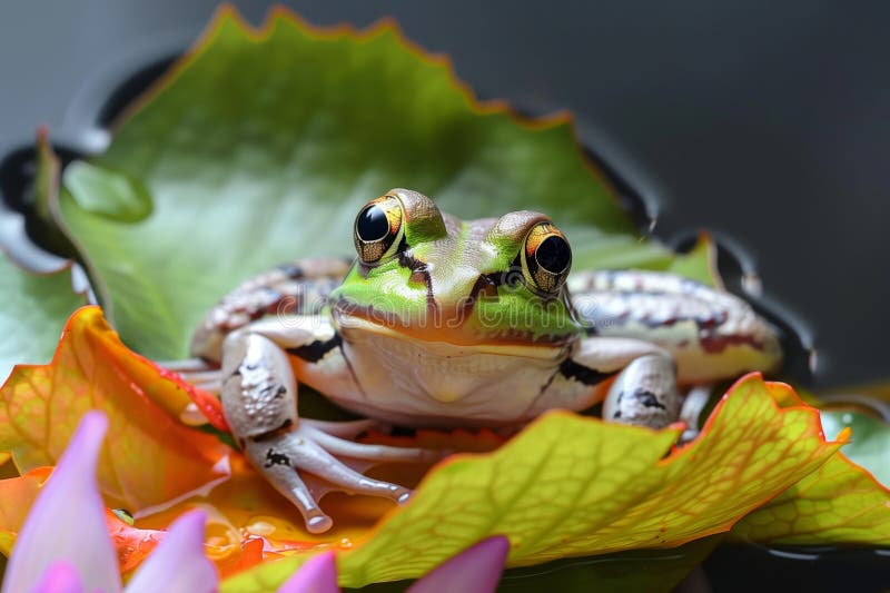 Frog with Wide Eyes on a Lotus Leaf in a Pond Stock Image - Image of ...