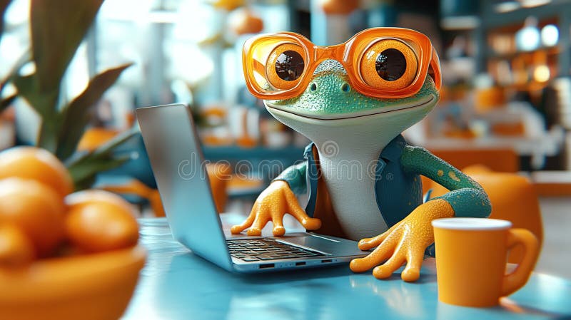 Frog Working on Laptop in a Cafe Stock Illustration - Illustration of ...