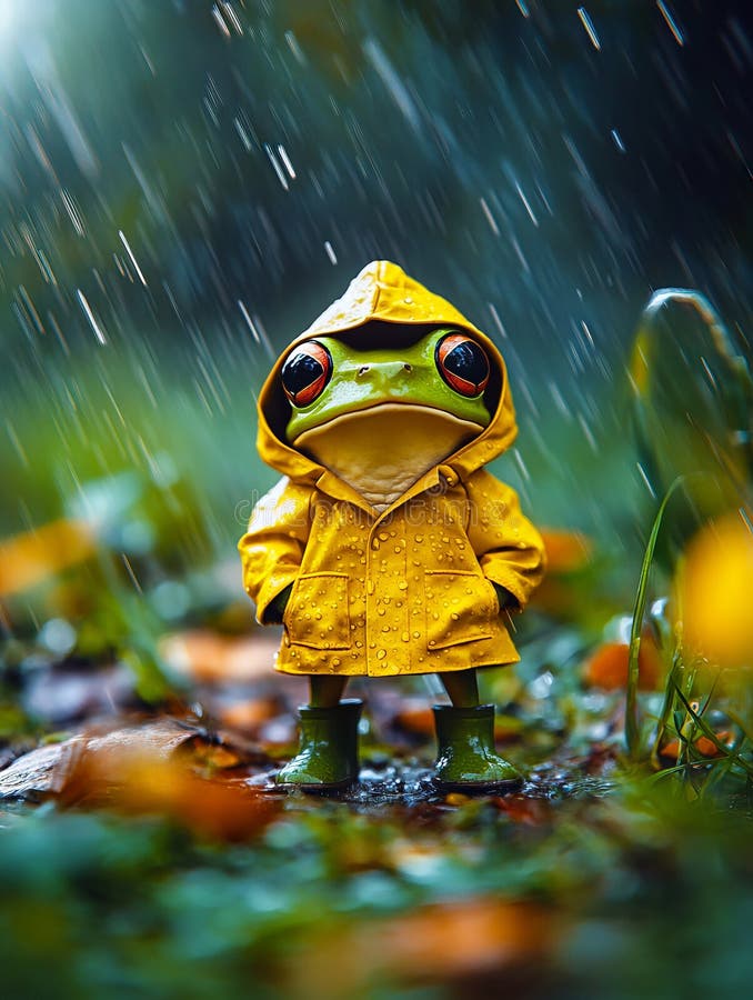 A Frog in a Yellow Raincoat Standing in the Rain Stock Photo - Image of ...