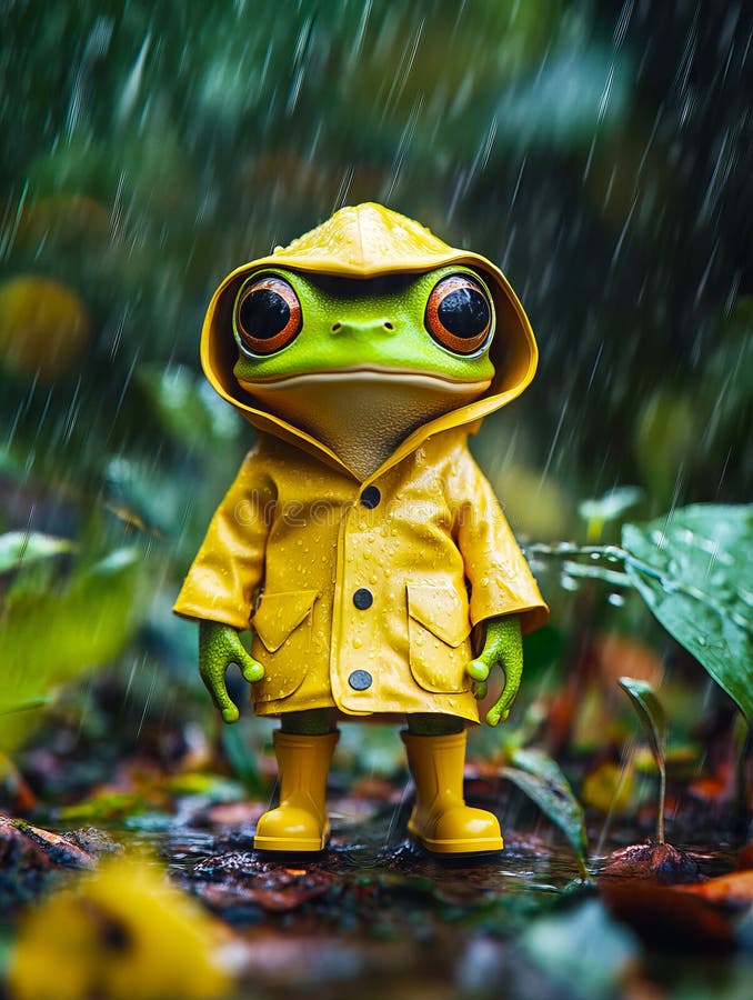 A Frog in a Yellow Raincoat Standing in the Rain Stock Photo - Image of ...