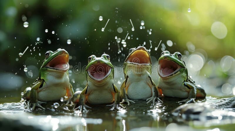 Frogs Enjoying a Splash on a Sunny Day Stock Illustration ...