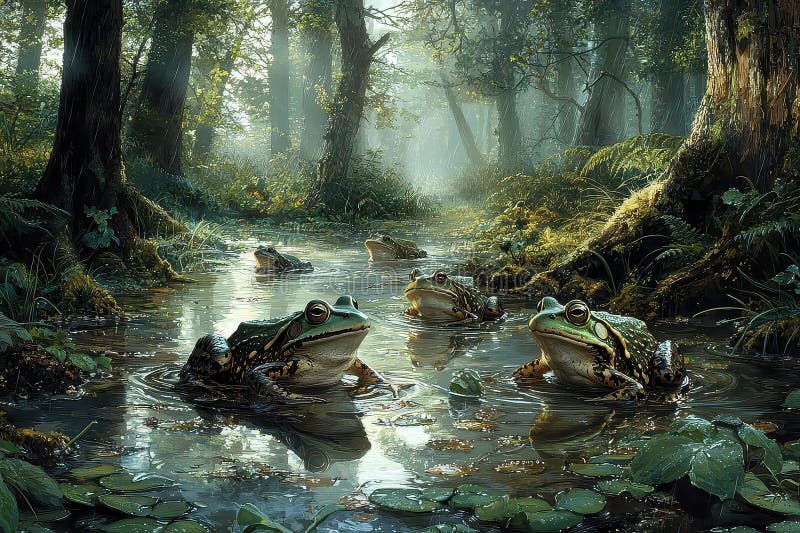 Frogs in a Misty Forest Pond Stock Illustration - Illustration of frog, pond: 338433090