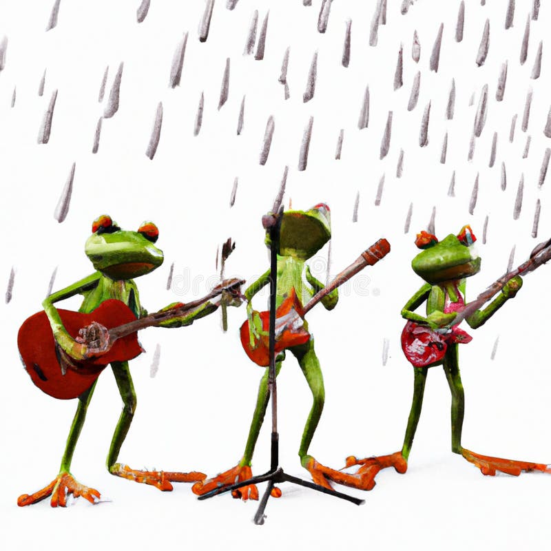Frogs Playing Guitar Under the Rain Stock Illustration - Illustration ...