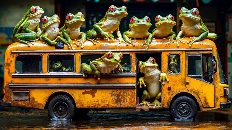 Frogs on a school bus stock image. Image of wearing - 368527925