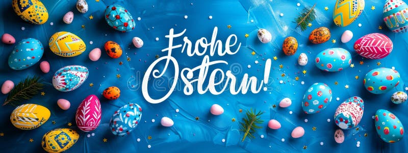 Frohe Ostern - Happy Easter in German. Abstract Background with Painted ...