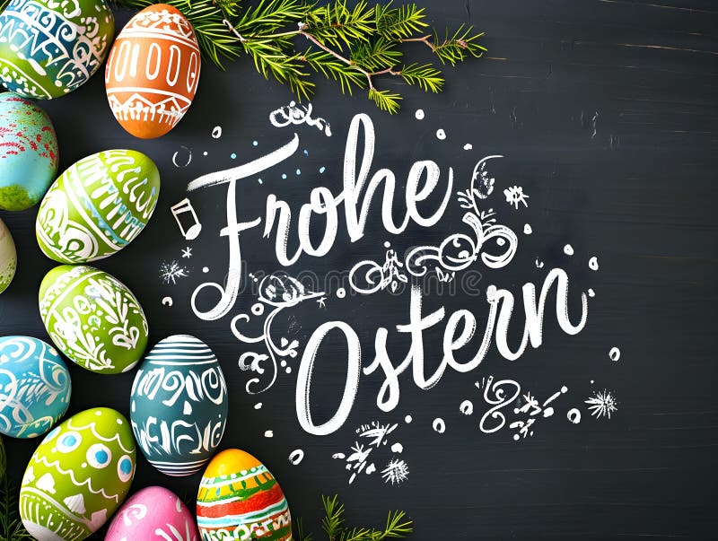 Frohe Ostern Text Calligraphy on a Black Background with Colorful ...