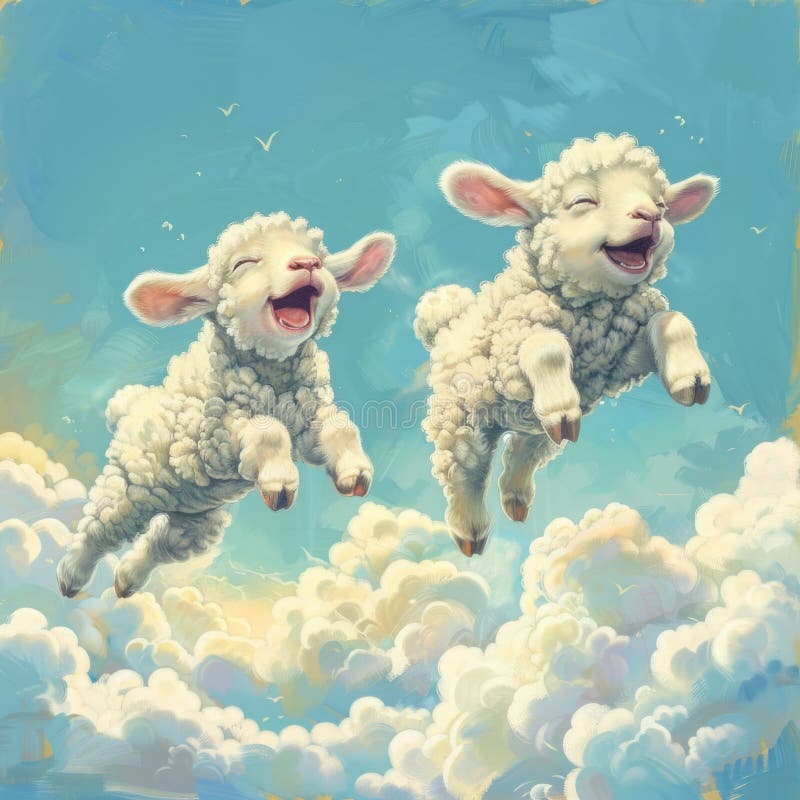 Frolicking Lambs Playful Lambs Jumping Over Soft Clouds Stock Photo ...