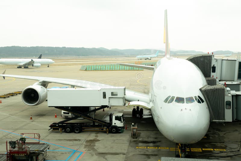 Front Angle View of Airplane on Gate Terminal Stock Photo - Image of ...