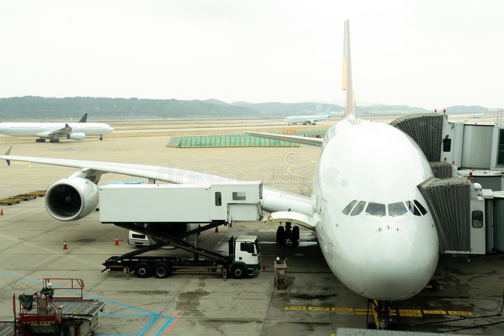 Front Angle View of Airplane on Gate Terminal Stock Photo - Image of ...