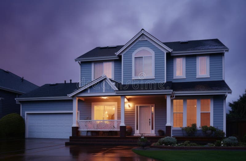 The Front of an Attractive Home with Rain Pouring Down the Windows ...