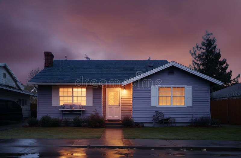 The Front of an Attractive Home with Rain Pouring Down the Windows ...