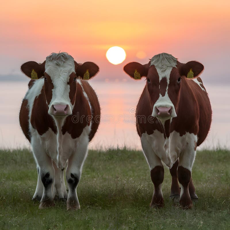 Front and Back Cow Portrait Sunset Backdrop Rural Tranquility Stock ...