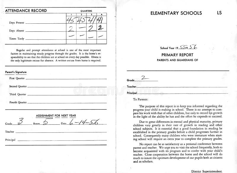 Front and Back of 1956 Elementary School Report Card Stock Image ...