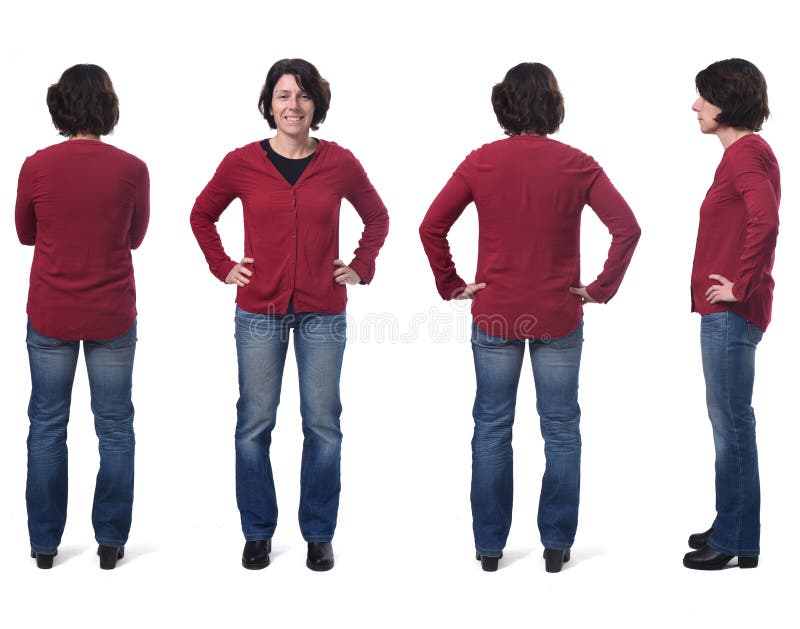 Front, Back of and Profile with a Woman on White Background Stock Image ...