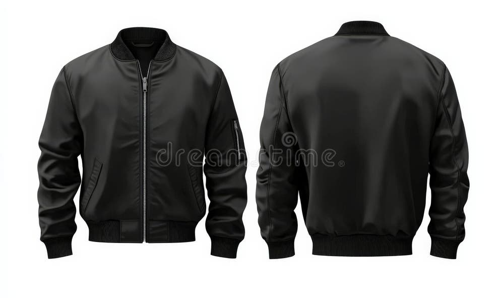 Front and Back View of a Black Bomber Jacket with Ribbed Cuffs and Hem ...