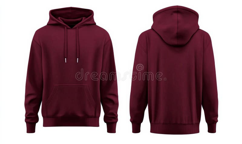Front and Back View of a Burgundy Hoodie with a Front Pocket and ...