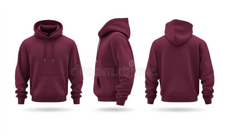 Front and Back View of a Burgundy Hoodie with a Front Pocket and ...