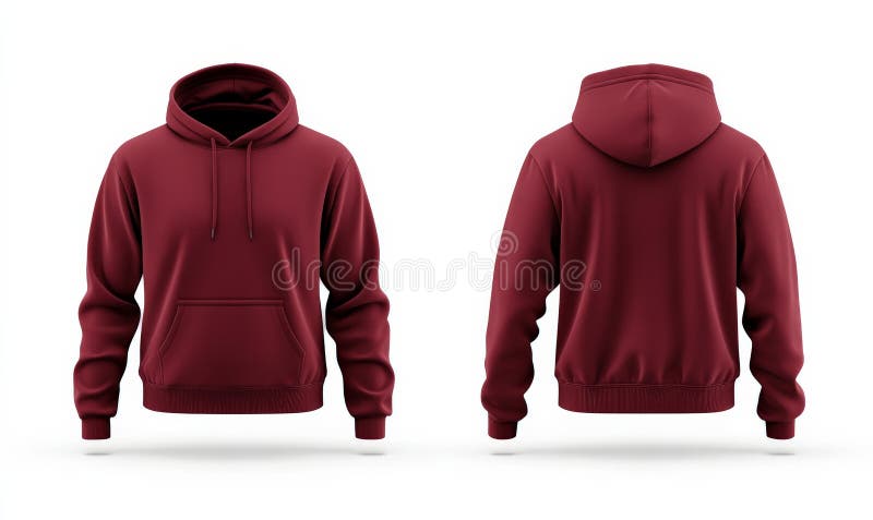 Front and Back View of a Burgundy Hoodie with a Front Pocket and ...