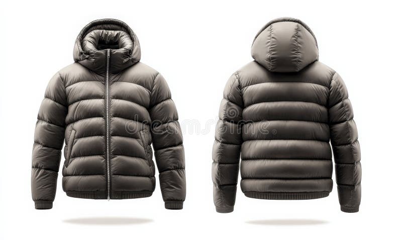 Front and Back View of a Gray Puffer Jacket with a Hood Stock ...