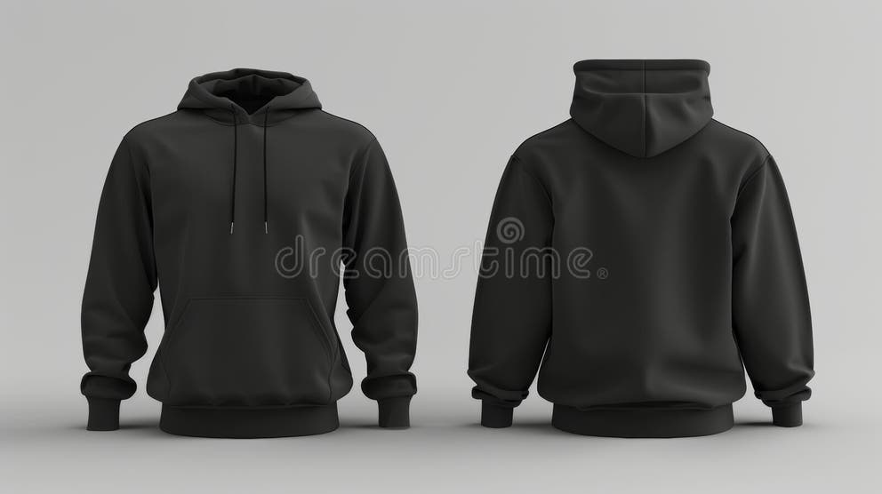 Front and Back View of Isolated Basic Black Hoodie Mockup on a Clean Gray Background, 3D ...