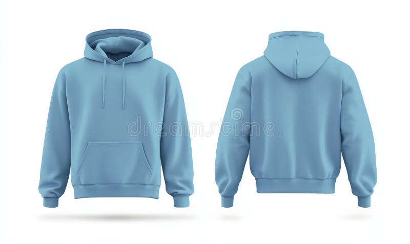 Front and Back View of a Light Blue Hoodie with a Front Pocket and ...