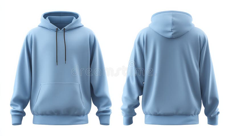 Front and Back View of a Light Blue Hoodie with a Front Pocket and ...