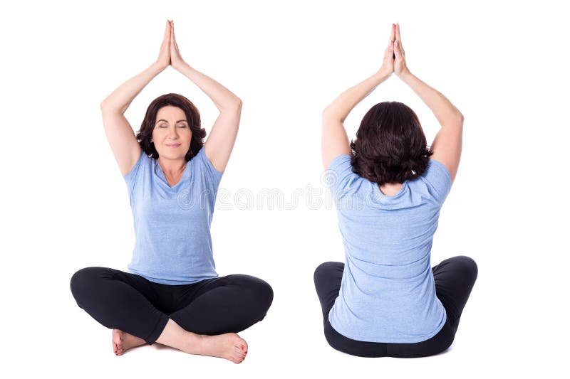 Front and Back View of Mature Woman Sitting in Yoga Pose Isolate Stock ...