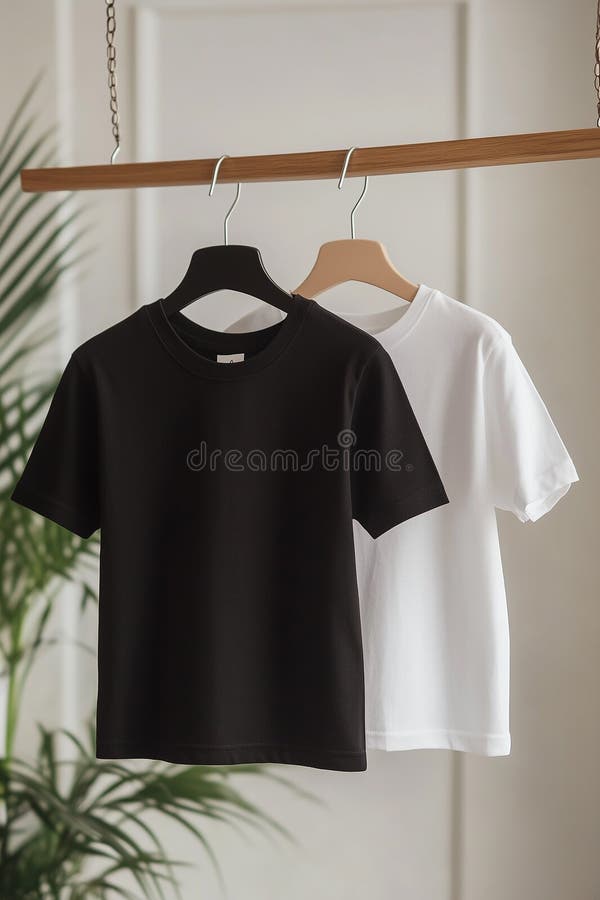 Front and Back View of a Two Plain Black and White T-shirts, Hanging on ...