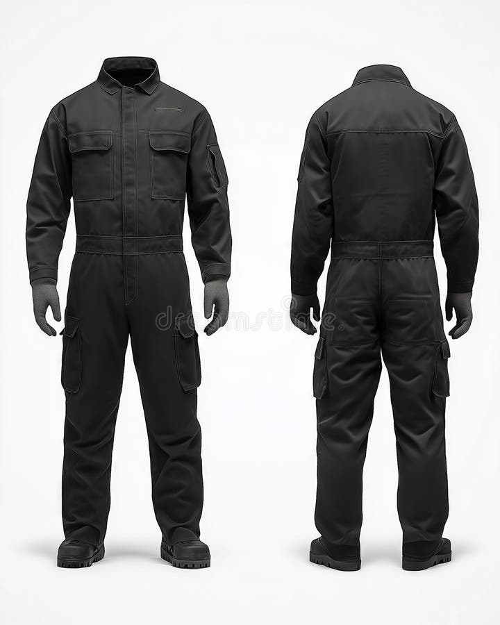 Worker Wearing Black Coverall and Safety Boots Posing Front and Back ...