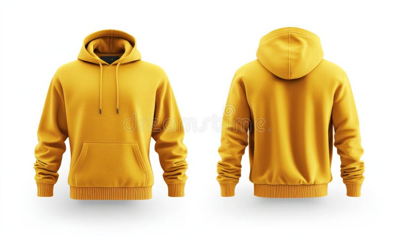 Front and Back View of a Yellow Hoodie with a Front Pocket and ...