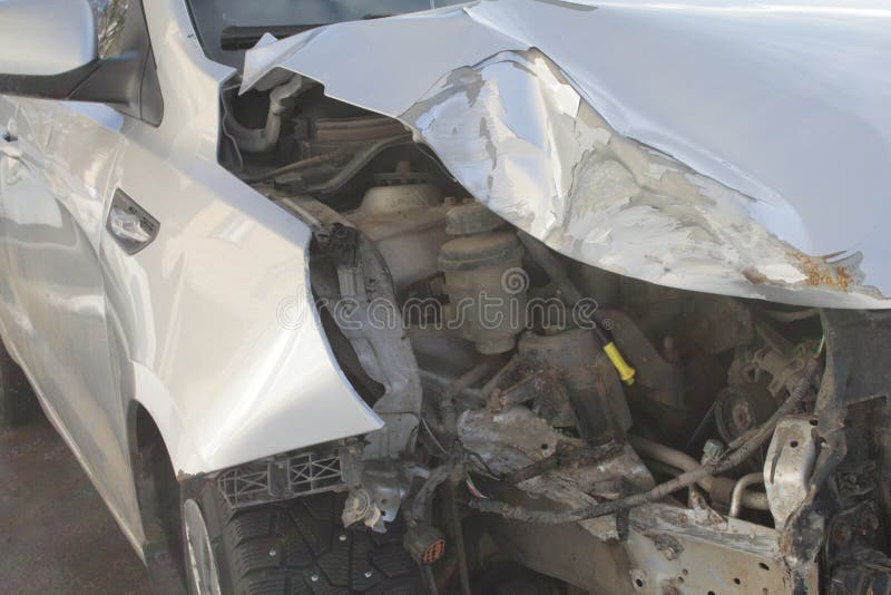 Front Broken White Crash Car after an Accident. Stock Image - Image of ...