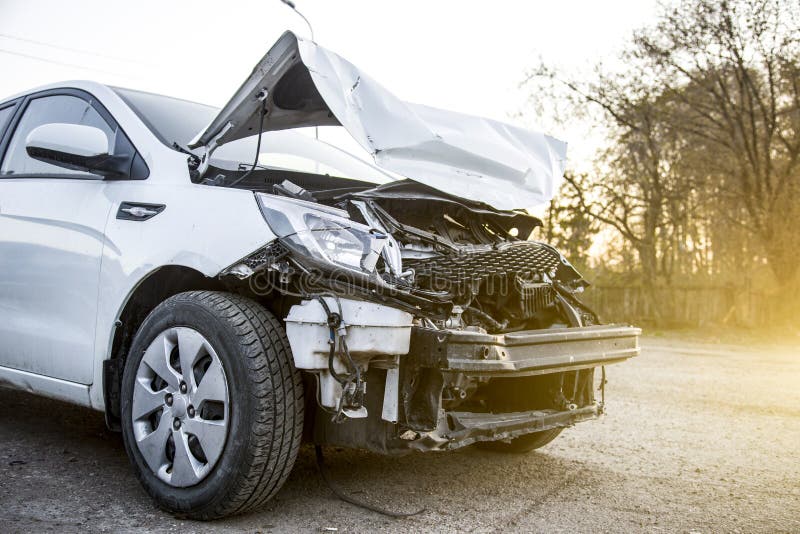 Front Broken White Crash Car after an Accident. Stock Image - Image of ...