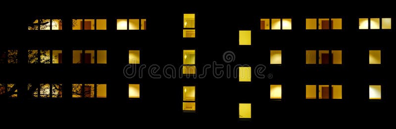 Front of a Building with Lit-up Windows at Night Stock Image - Image of ...