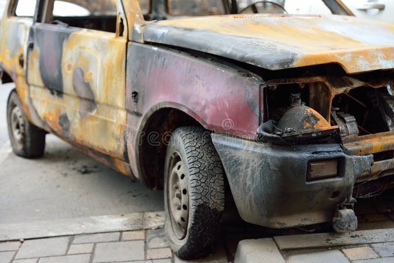 The Front of the Burned-out Compact Car. Stock Image - Image of burnt ...