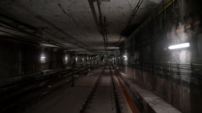 Front Cabin View of Driverless Metro Train Moving through Underground ...
