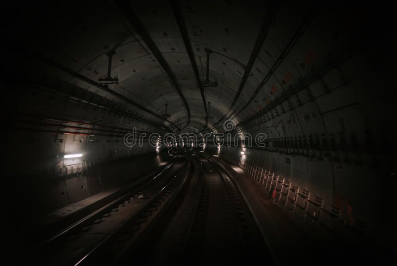 Front Cabin View of Driverless Metro Train Moving through Underground ...
