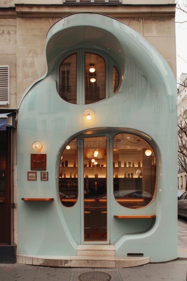 Front of Cafe Shot. a Blue Building with a Window and a Balcony Stock ...