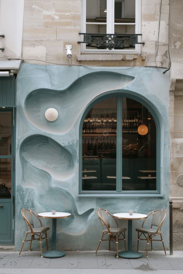 Front of Cafe Shot. a Blue Building with a Window and a Balcony Stock ...