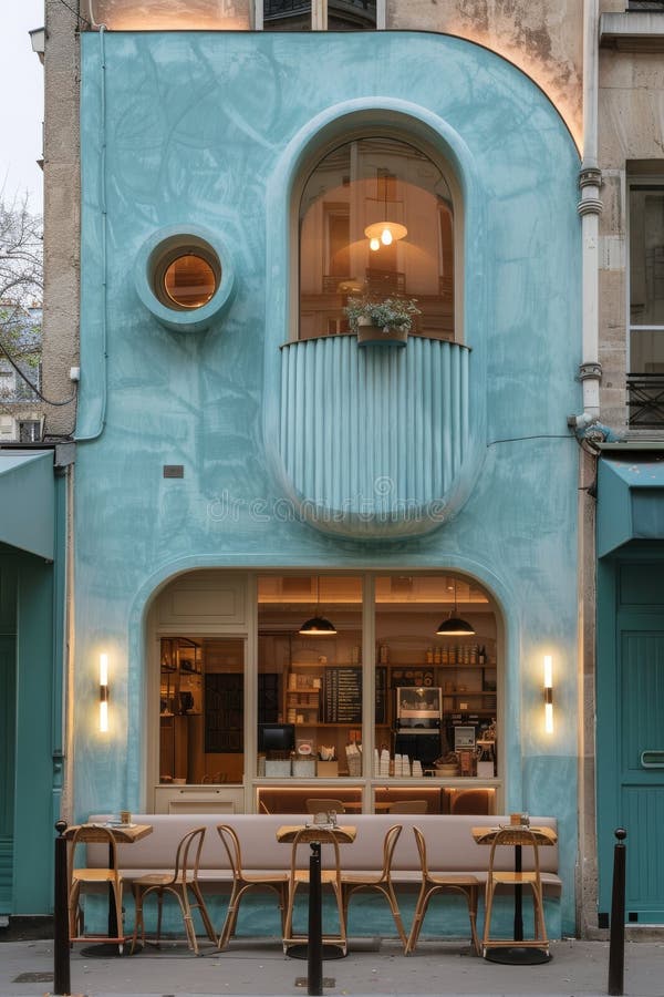 Front of Cafe Shot. a Blue Building with a Window and a Balcony Stock ...