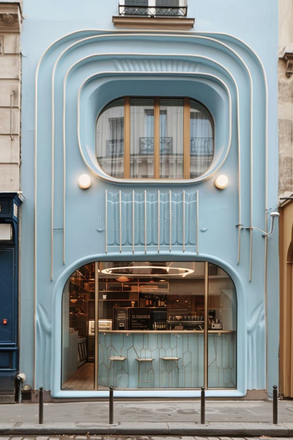 Front of Cafe Shot. a Blue Building with a Window and a Balcony Stock ...
