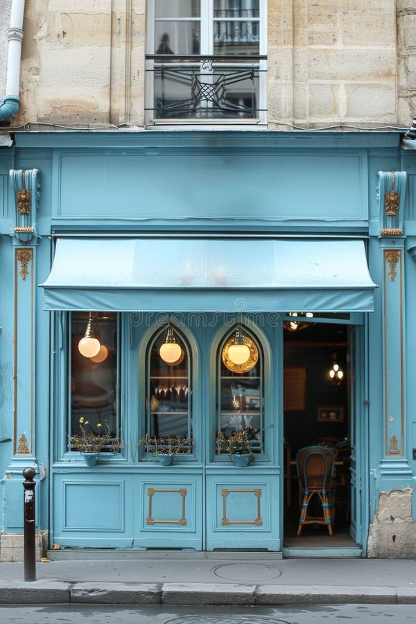 Front of Cafe Shot. a Blue Building with a Window and a Balcony Stock ...