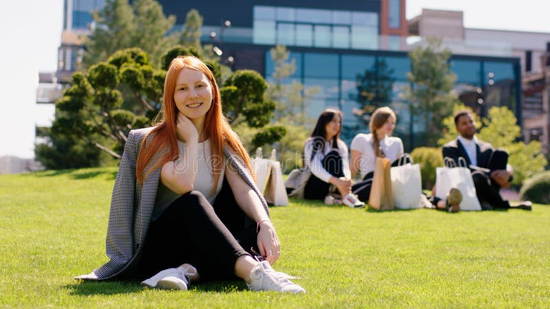 In Front of the Camera Beautiful Lady Student in the College Garden ...