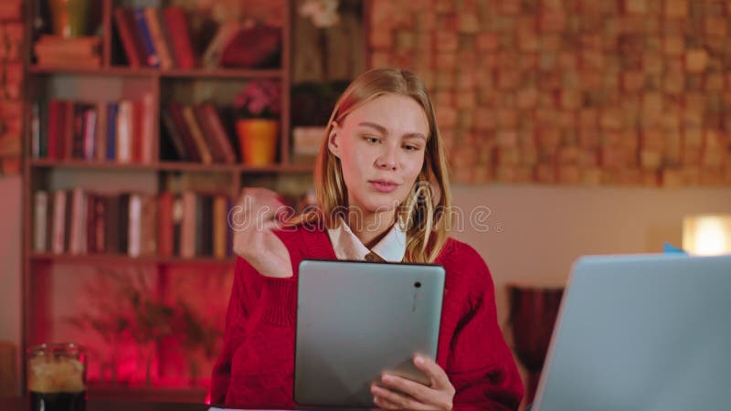 In Front of the Camera Young Woman Have a Work Interview she Chatting ...