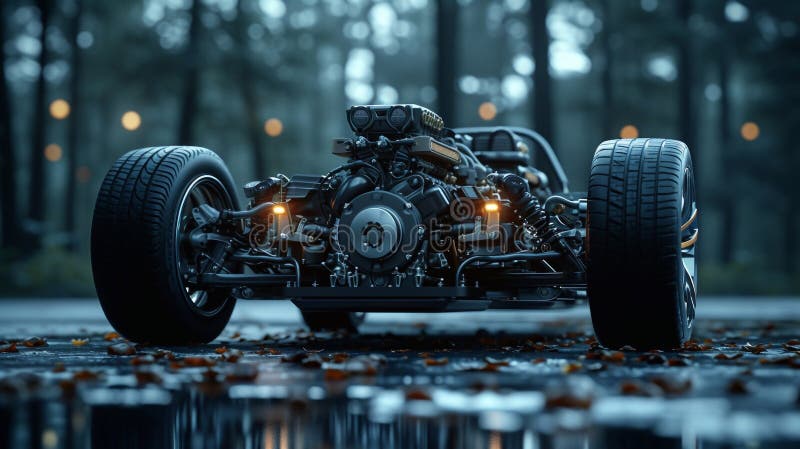 Front Car Chassis with Engine on White Background. 3D Illustration ...